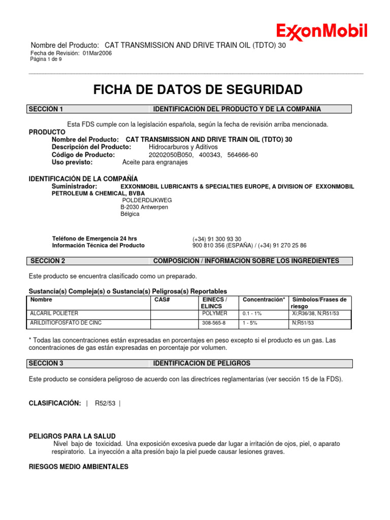 Ficha de Seguridad: Aceite TDTO 30 | PDF | Ventilación (Arquitectura ...