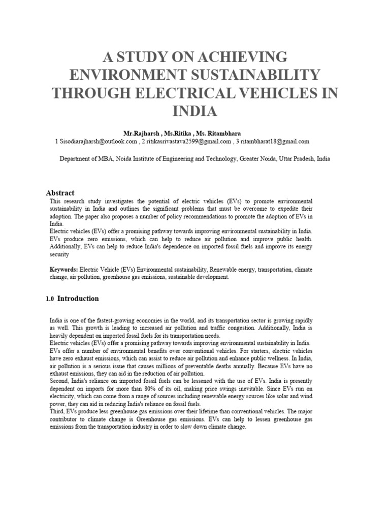 Improving Environment Sustainability Through EV in India Research Paper ...