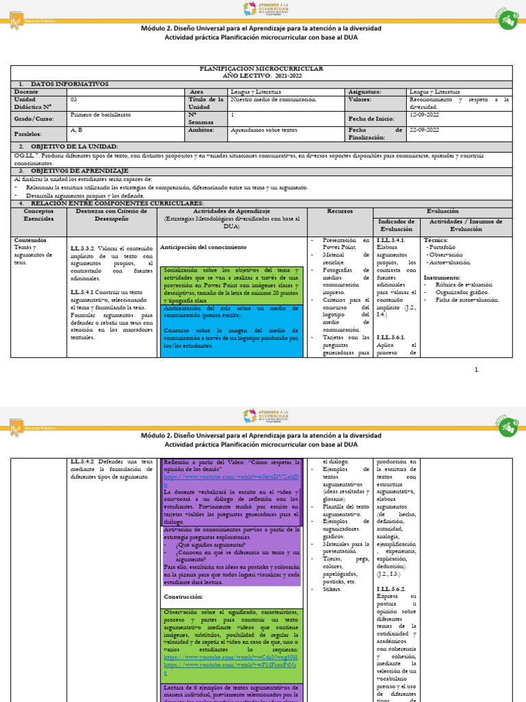 Ta de Aprendizaje Actividad Planificación Microcurricular Con Base Al DUA y ACI | Descargar ...