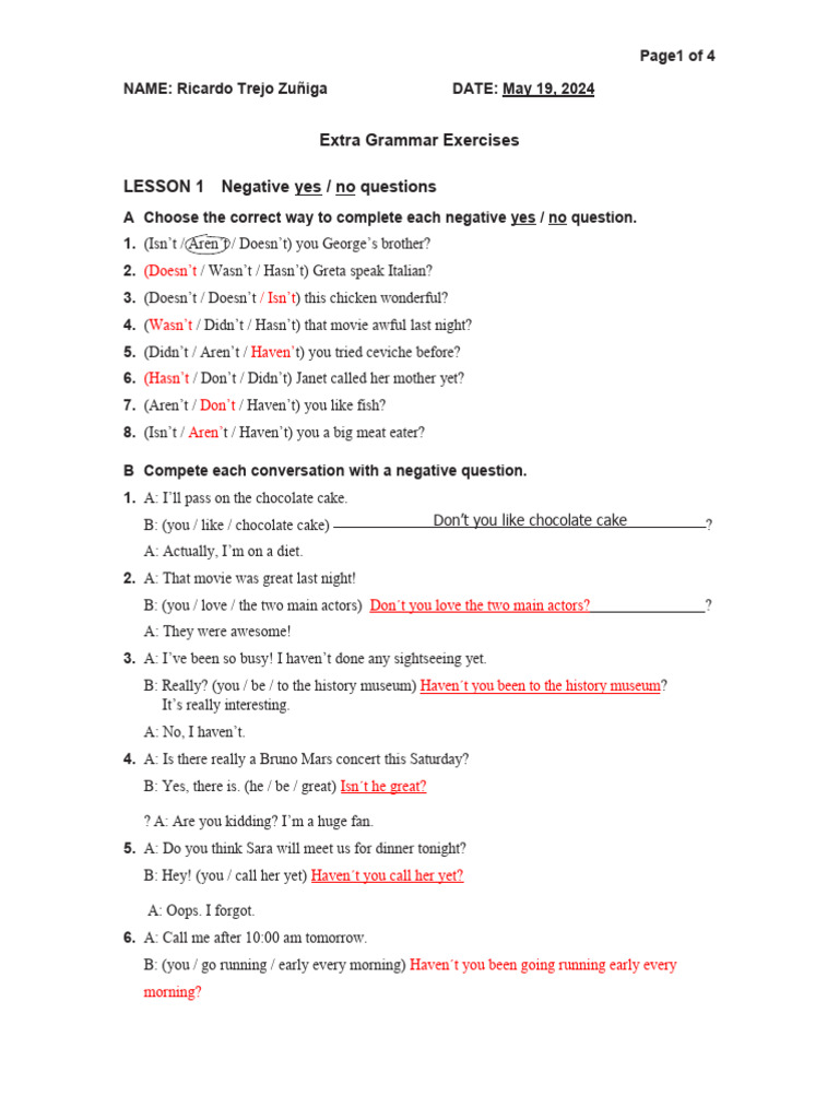 CTY2 Extra Grammar Exercises Unit 6 | PDF