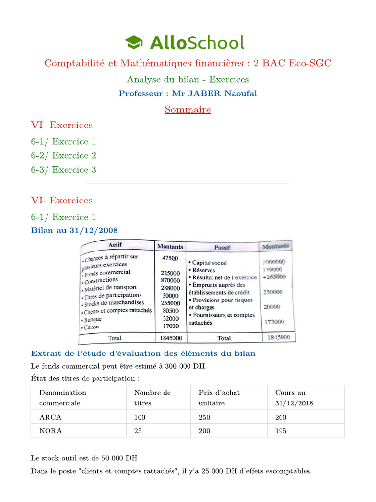 Analyse Du Bilan Exercices | PDF