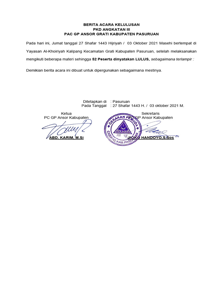 Berita Acara Kelulusan PKD Grati | PDF