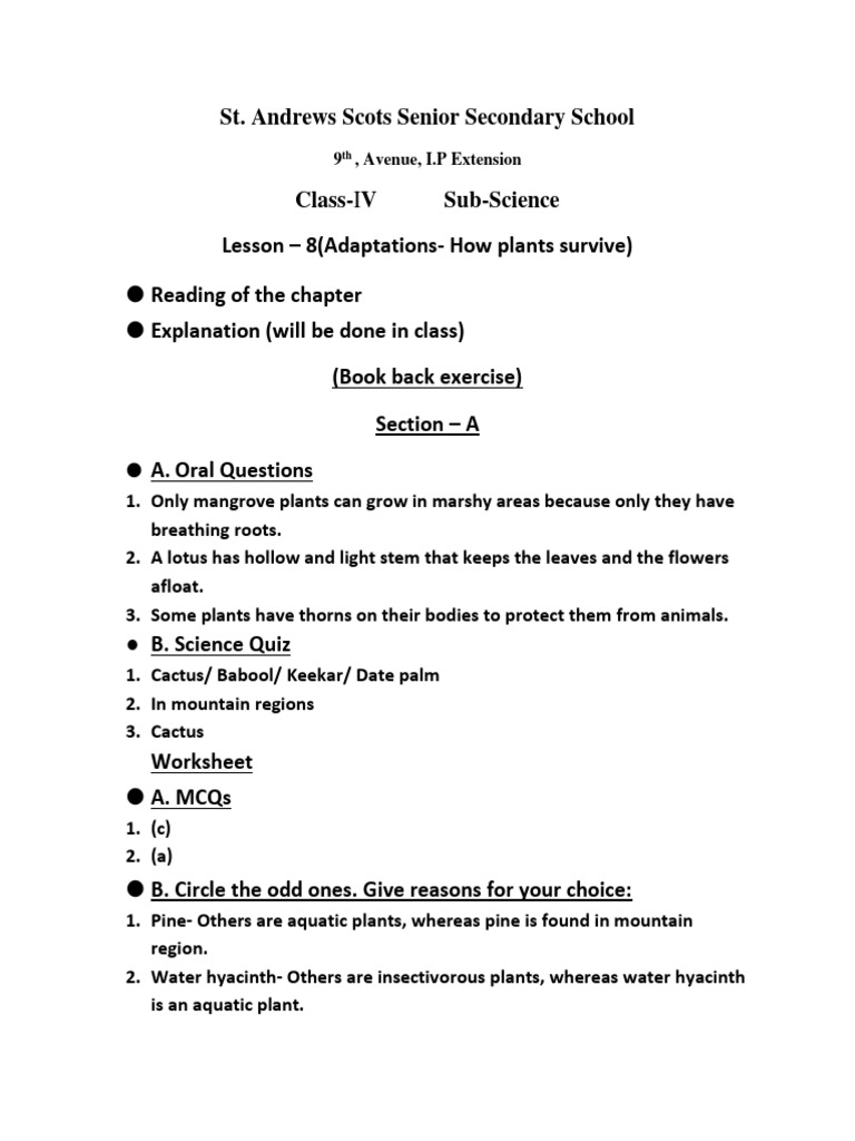 Plant Adaptations for Class 4 Science | PDF | Plants | Marsh