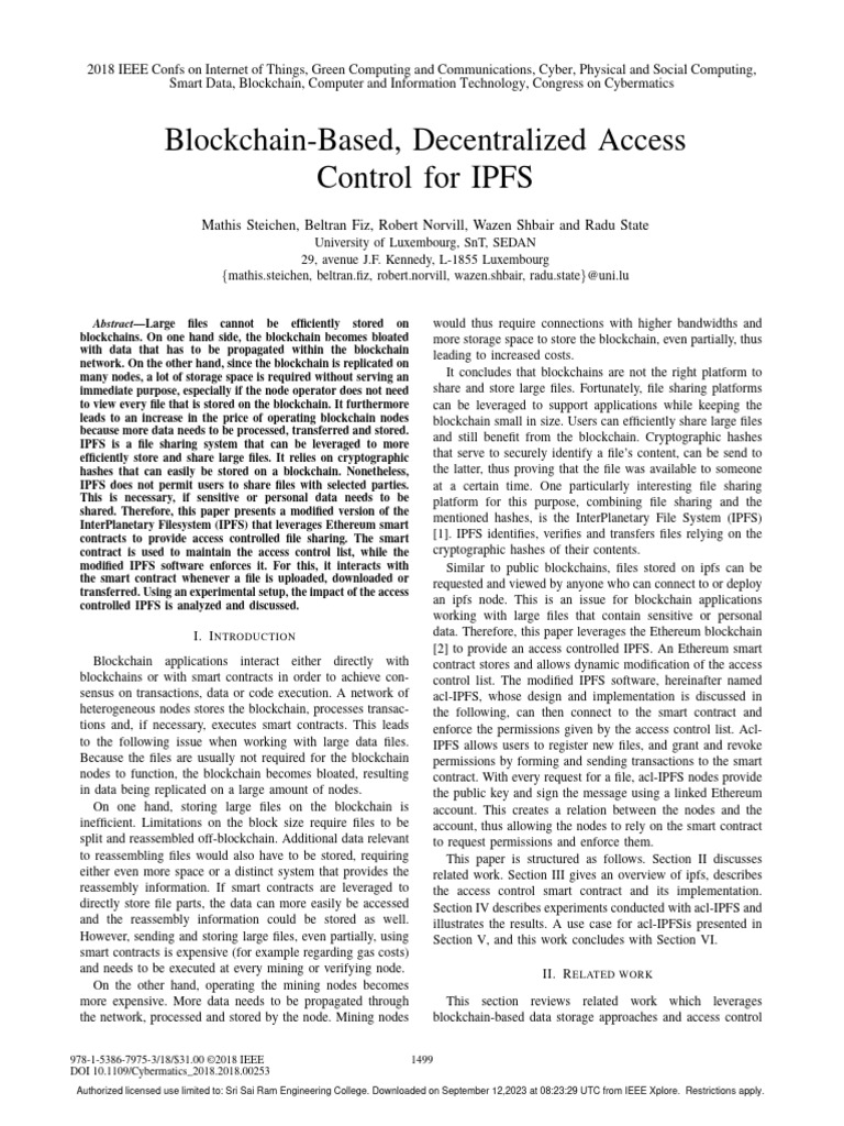 Blockchain Based Decentralized Access Control For Ipfs Pdf Computer File Access Control