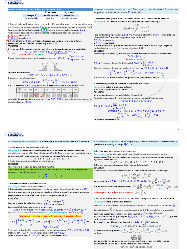 Tema 04 - Inferencia Estadística - Guía Ejercicios | PDF | Errores tipo I y tipo Ii | Teoría de ...