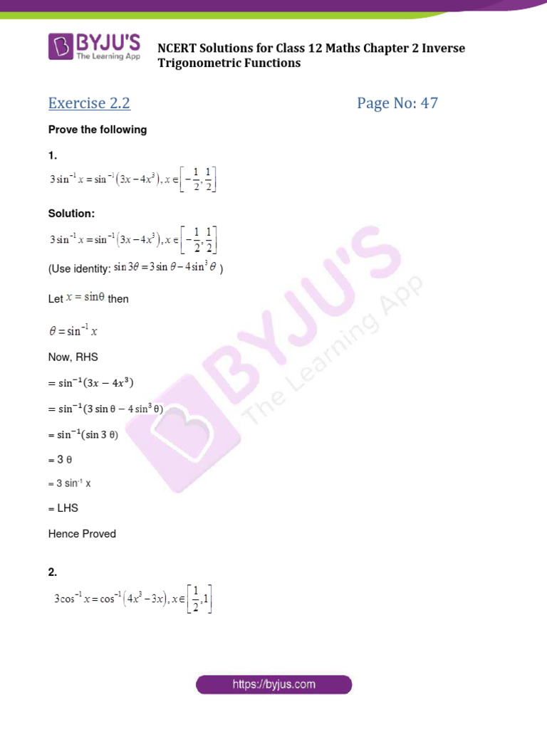 NCERT Solutions For Class 12 Maths Chapter 2 Inverse Trigonometric Functions Exercise 2.2 ...