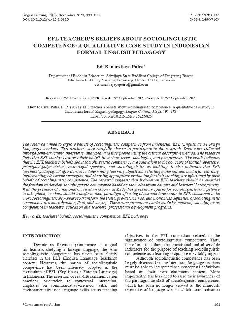 EFL Teachers Beliefs About Sociolinguistic Compet | PDF | English As A Second Or Foreign ...