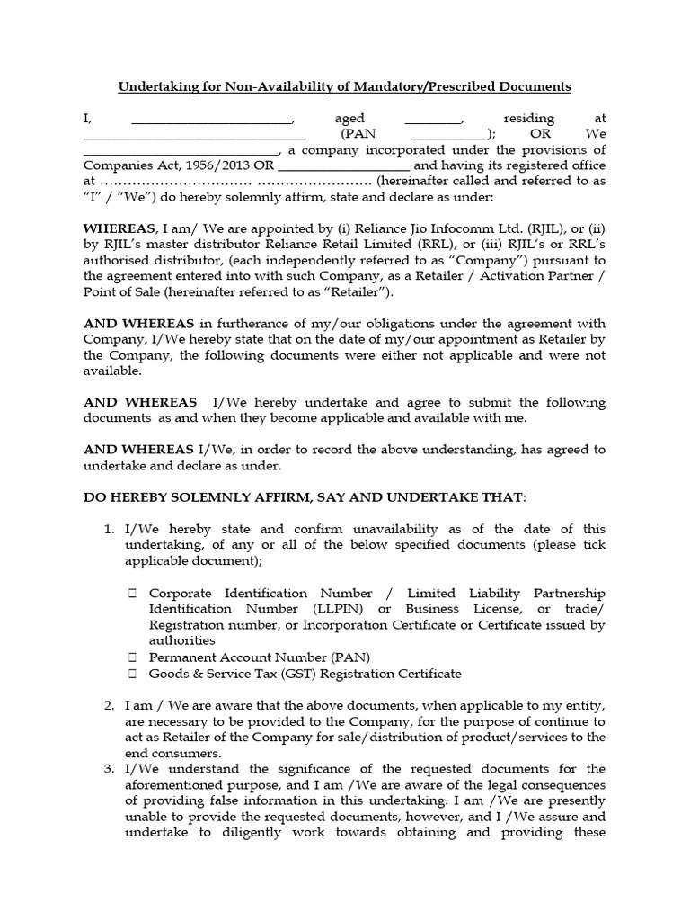 Non-Availability Undertaking for Retailers | PDF | Private Law ...
