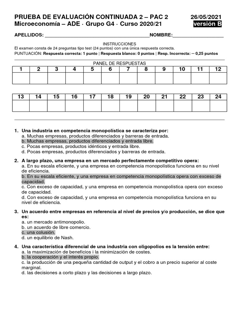 Examen Tipo Test Microeconomía ADE UB | PDF | Monopolio | Mercado ...