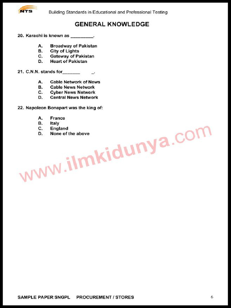 NTS Sample Past Papers Procurement Stores Department General Knowledge ...
