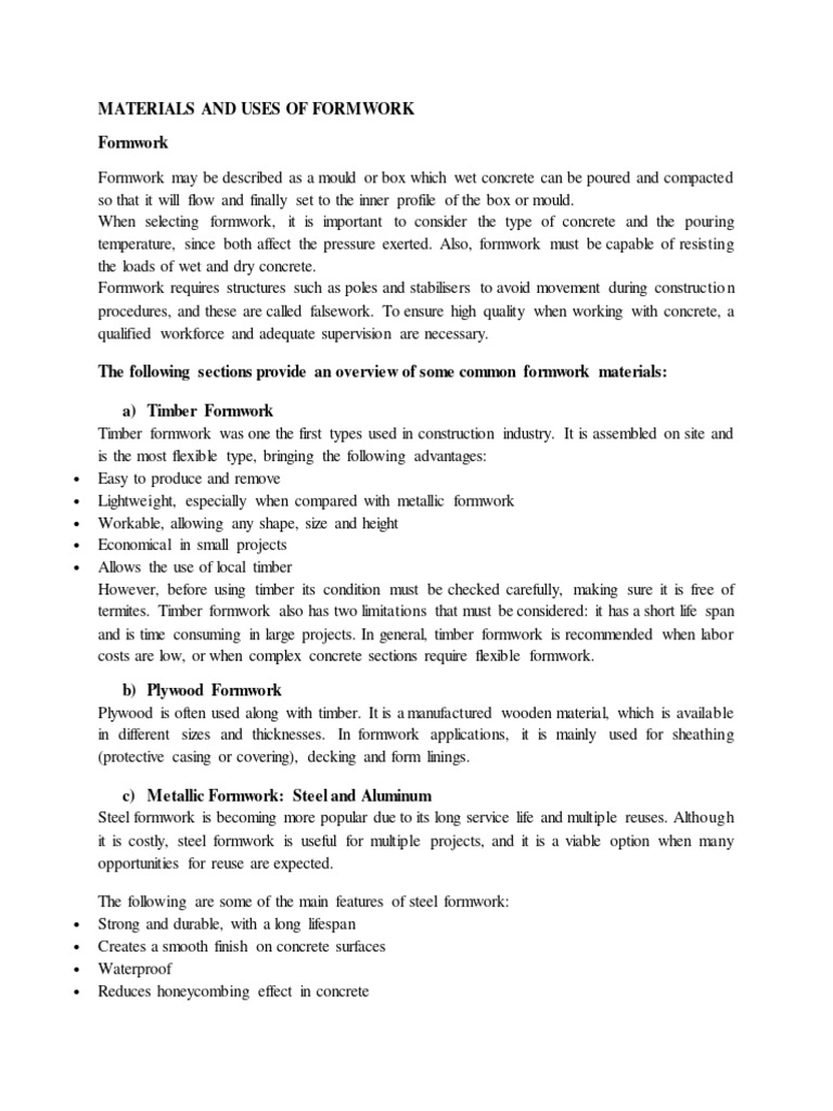 Materials and Uses of Formwork | PDF | Concrete | Lumber