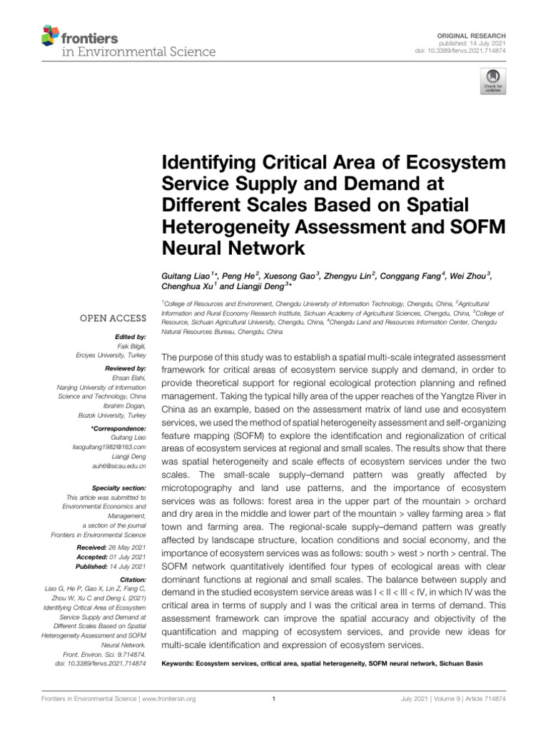 Identifying Critical Area of Ecosystem Service Supply and Demand at Different Scales Based On ...