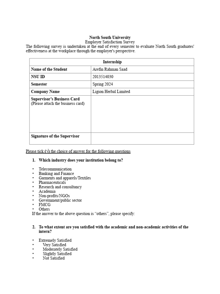 Employer Satisfaction Survey Form | PDF | Skill | Business