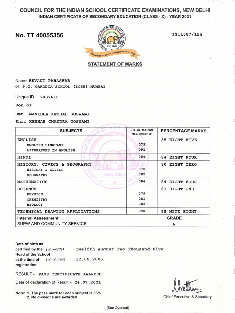 2021 ICSE 10th Statement of Marks | PDF