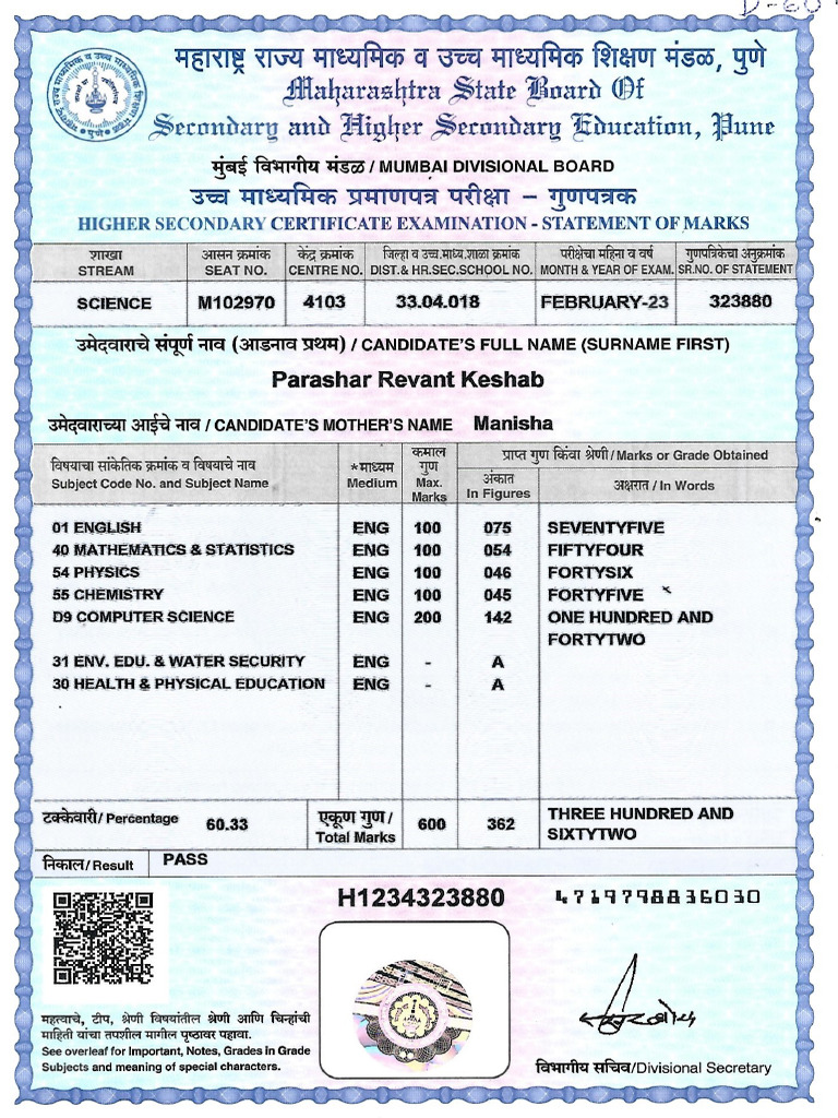 2023 12th Marksheet | PDF