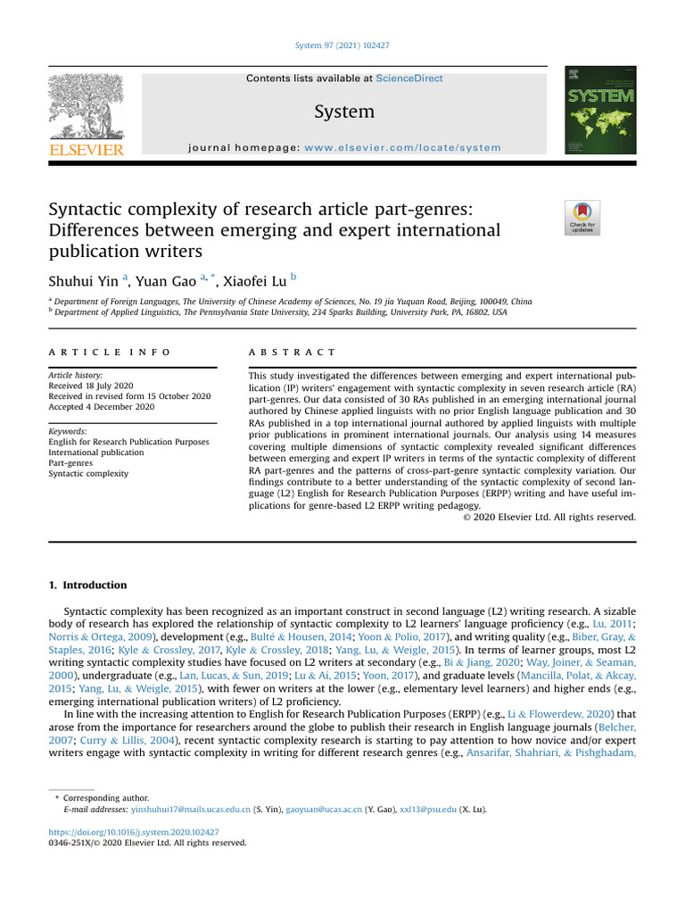 Syntactic Complexity Of Research Article Part Genres Differences Between Emerging And Expert