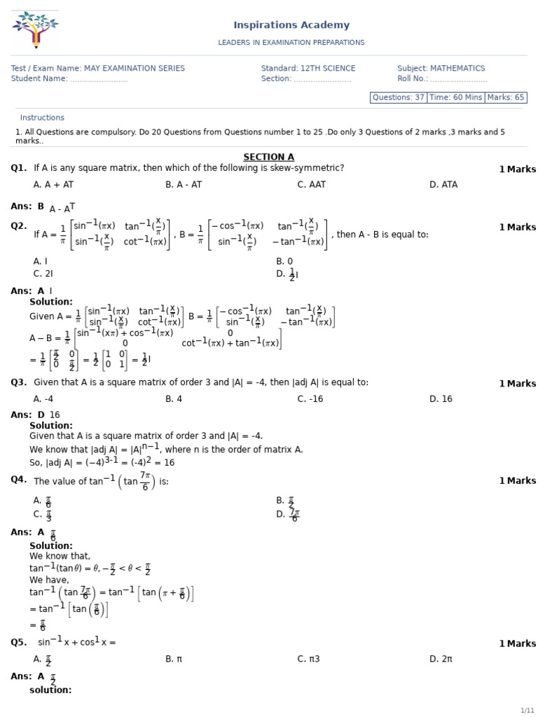 12th Science May Exam Series - Mathematics | PDF | Matrix (Mathematics ...