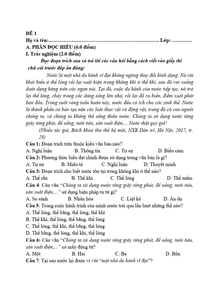 KHỐI 6. HK2. VBTT.NƯỚC LÀ NHÀ DU HÀNH VŨ TRỤ. NGHỊ LUẬN VỀ SỰ VIỆC, HIỆN TƯỢNG | PDF