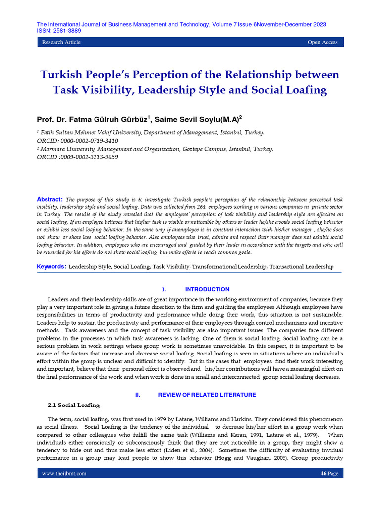 Turkish People's Perception of The Relationship Between Task Visibility ...