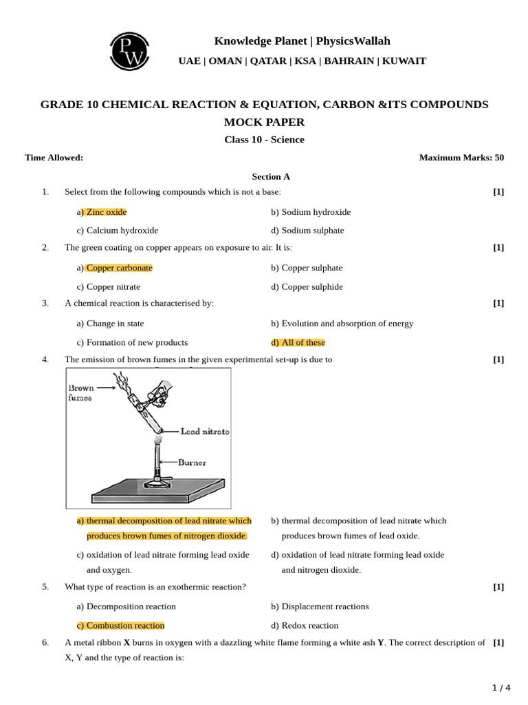 Grade 10 Chemical Reaction & Equation, Carbon & Its Compounds Mock ...
