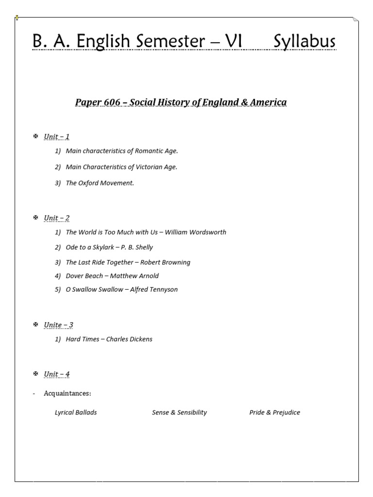 Semester Vi Syllabus | PDF | Victorian Literature