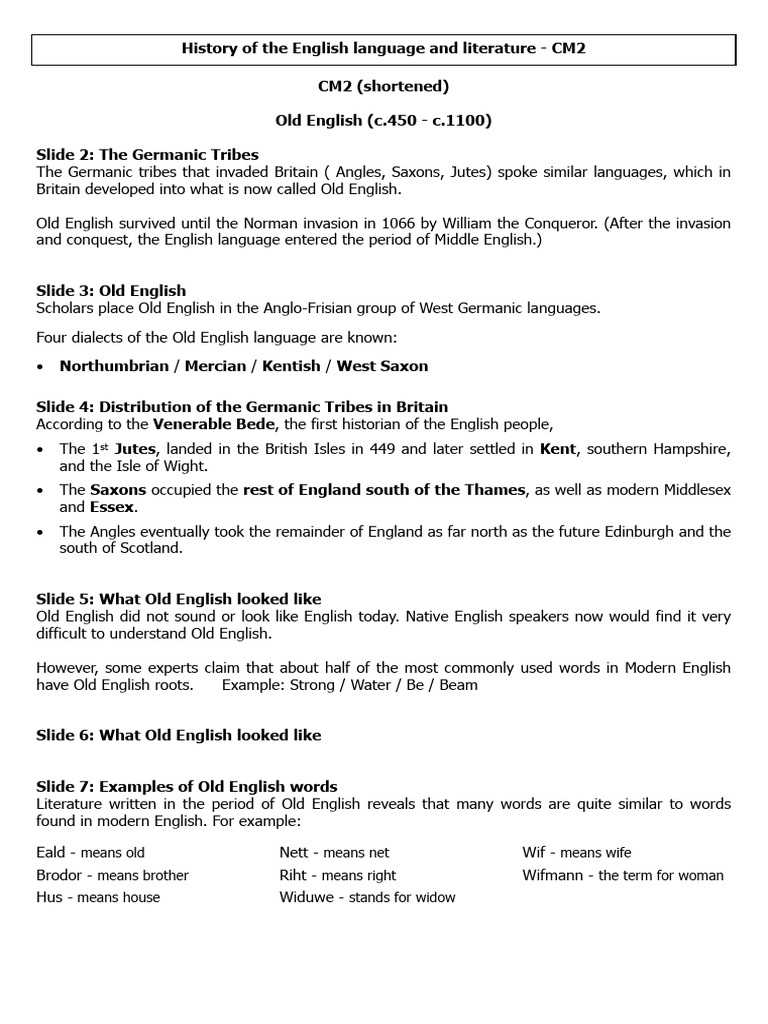 Shortened CM2 - Hist of English L L - Old English | PDF | Grammatical ...