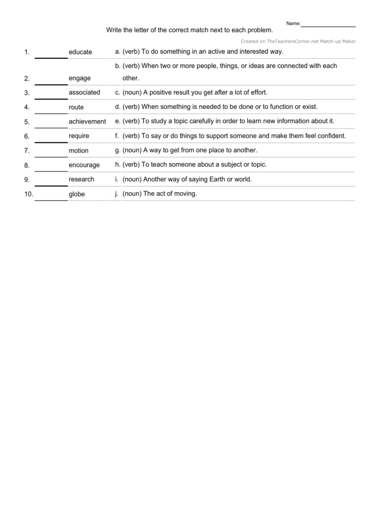 Vocabulary Match-Up Activity | PDF | Language Arts & Discipline ...