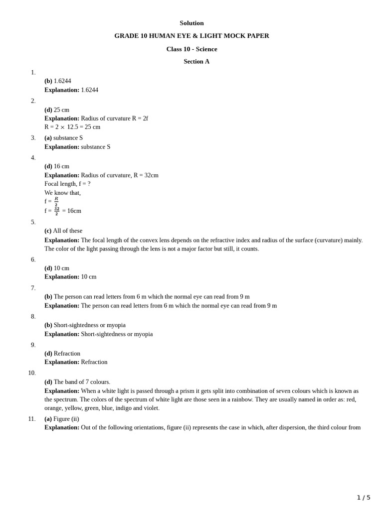 Grade 10 Human Eye & Light Mock Paper Solutions | PDF | Eye | Rainbow