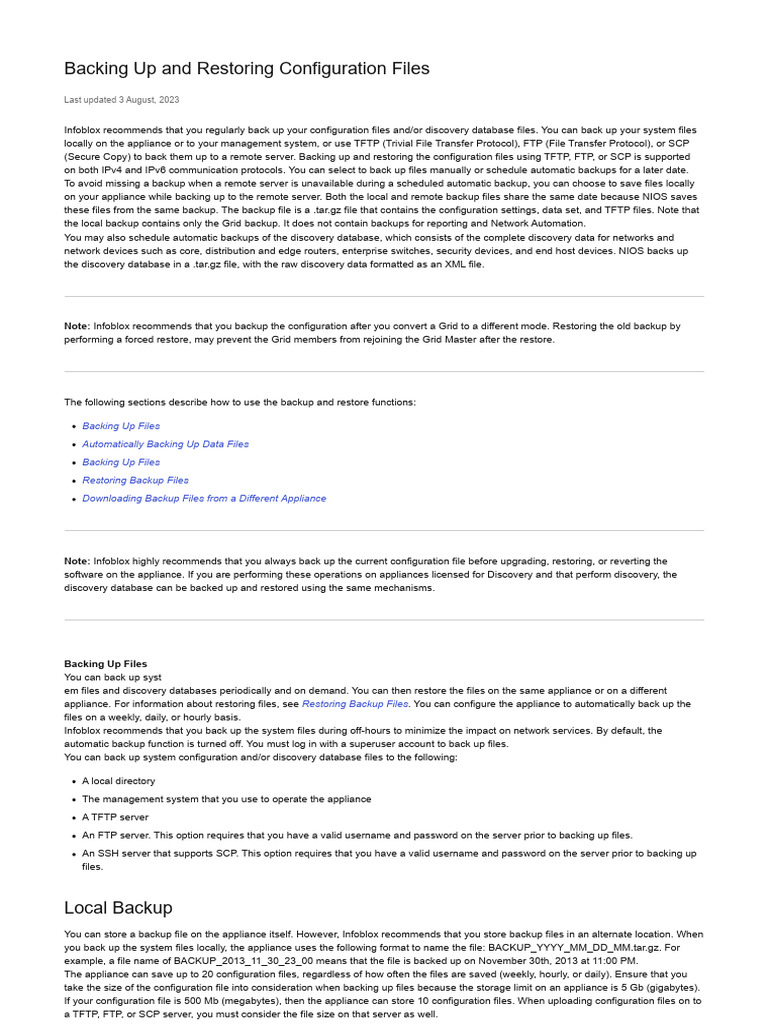 Backing Up and Restoring Configuration Files - NIOS Admin Guide - Infoblox Documentation Portal ...