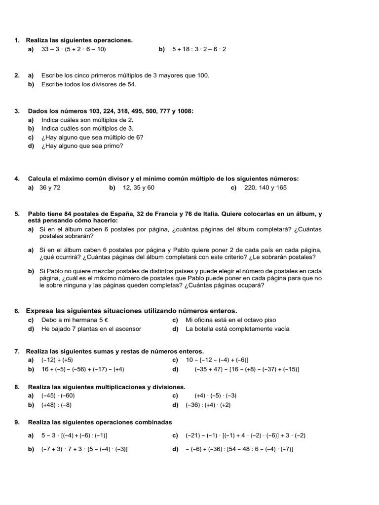 Ejercicios de Repaso 1º ESO Global 3T (La Enseñanza) | PDF | Álgebra | Números