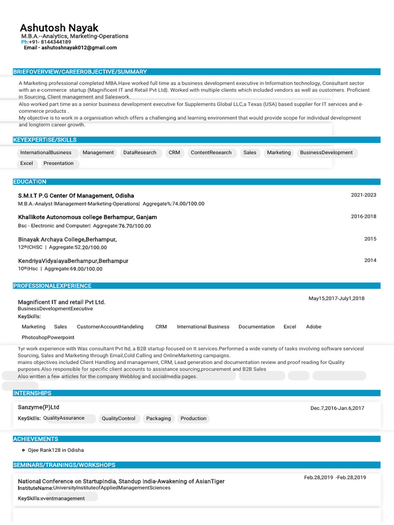 CV Ashutosh BDE | PDF | Customer Relationship Management | Information Technology