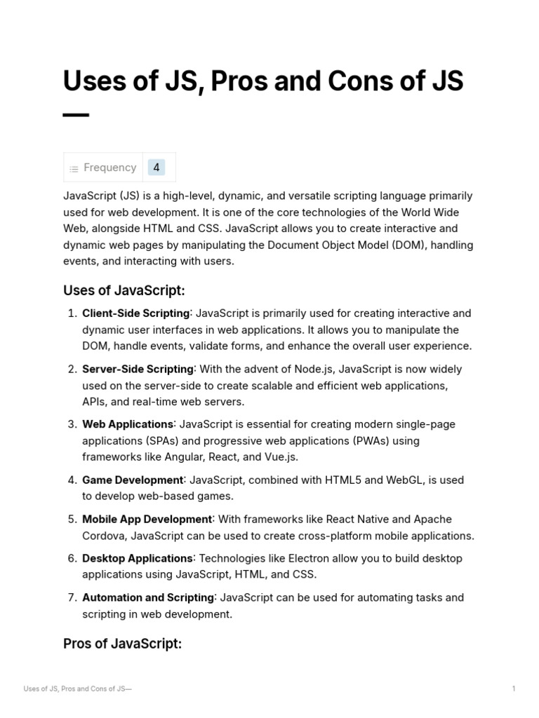 Uses of JS Pros and Cons of JS | PDF | Java Script | Dynamic Web Page Uses of JS Pros and Cons of JS | PDF | Java Script | Dynamic Web Page
