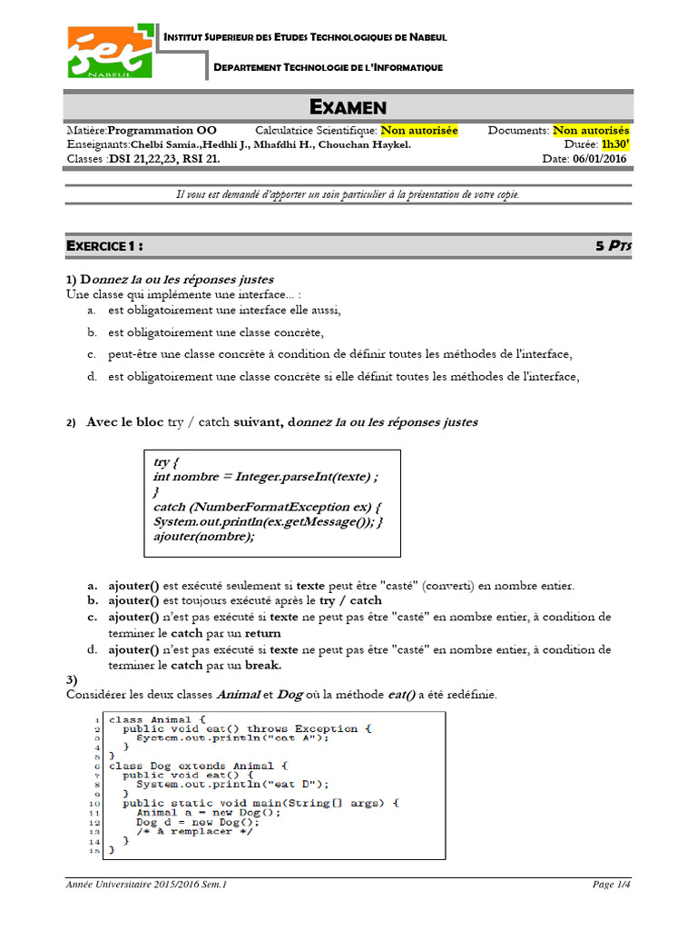 Examen POO 2015 2016 S1 | PDF | Interface (Informatique) | Informatique
