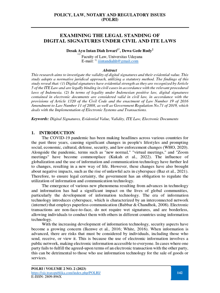 Examining The Legal Standing of Digital Signatures Under Civil and Ite ...