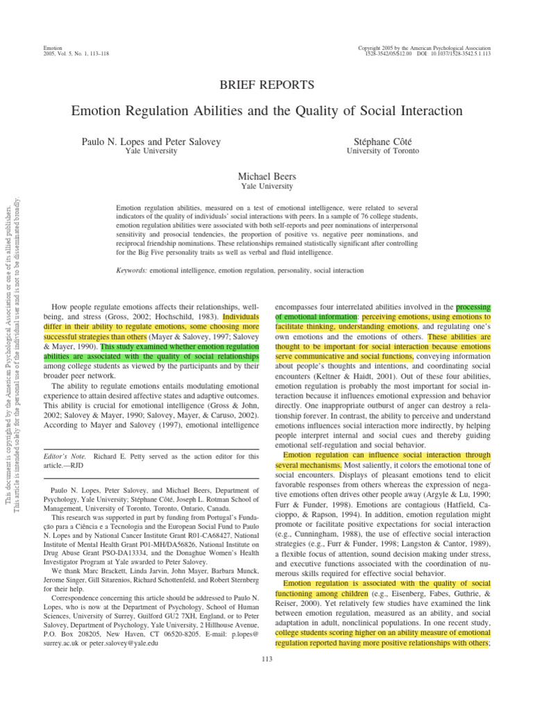 Emotion Regulation Abilities and The Quality of Social Interaction | PDF | Emotional ...