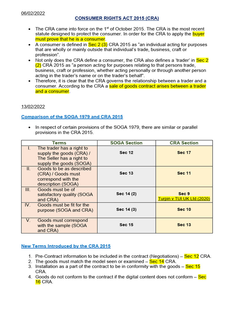 Consumer Rights Act 2015 (CRA) | PDF | Consent | Contract Law