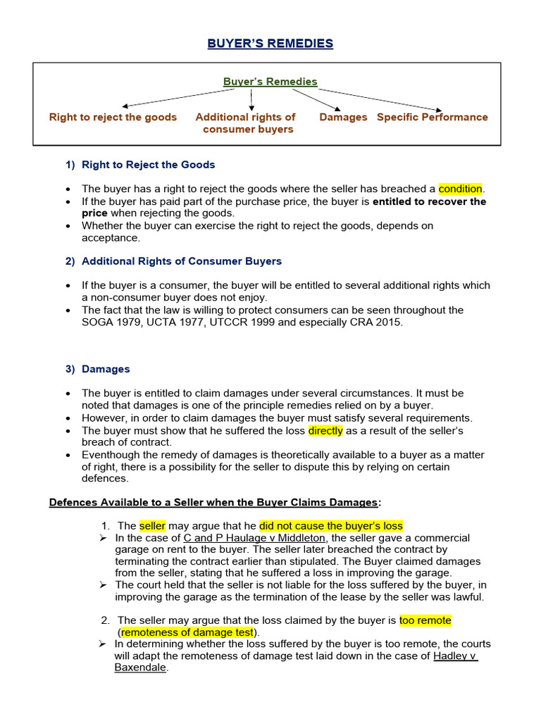 Commercial Law Note - Lesson Eight - Buyer's Remedies | PDF | Breach Of ...