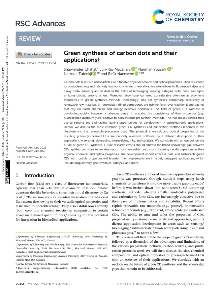 Green Synthesis of Carbon Dots and Their Applications | PDF | Organic ...