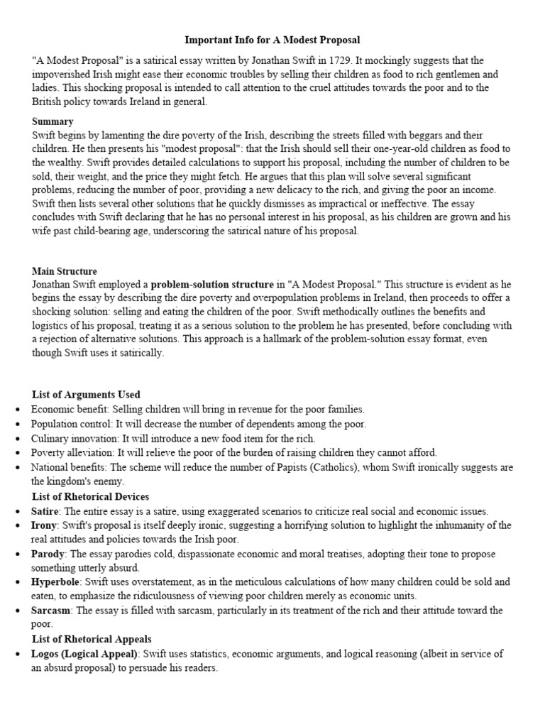 Important Info For A Modest Proposal | PDF | Satire