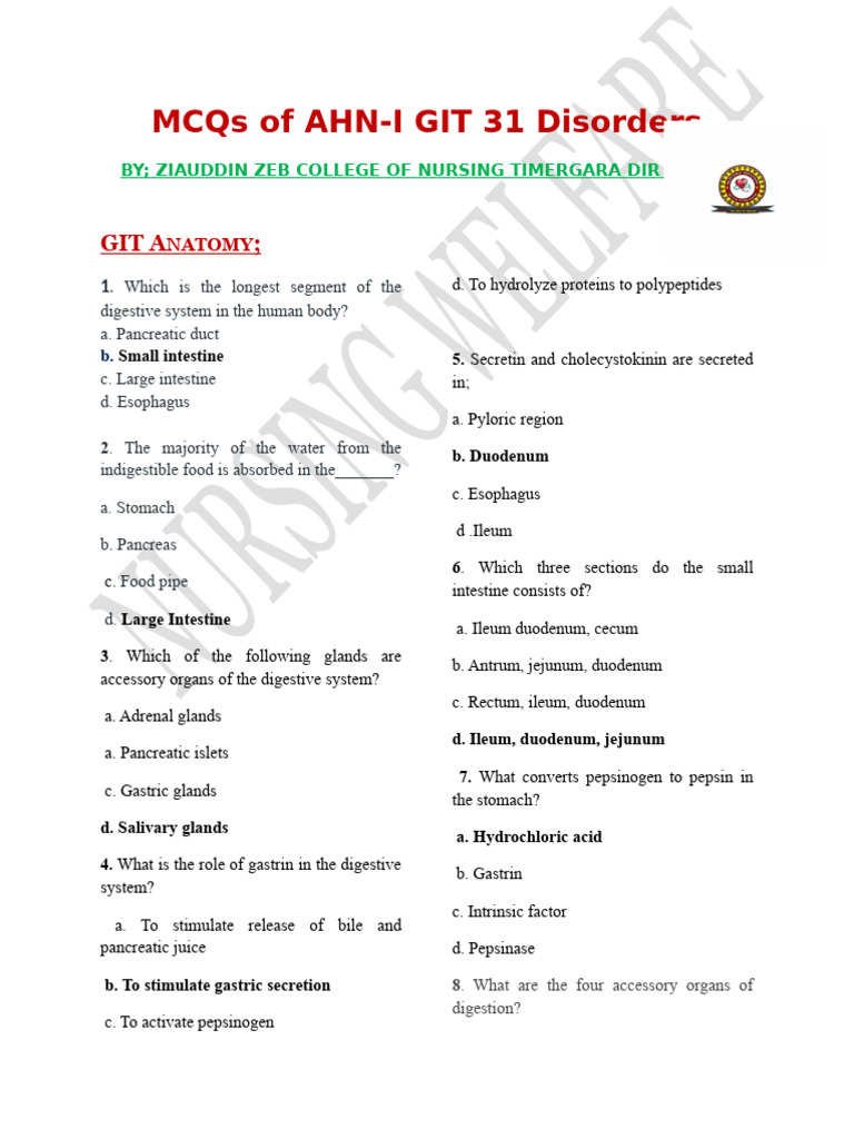 MCQs of AHN Unit-1 GIT 31 Disorders Complete | PDF | Digestion | Esophagus
