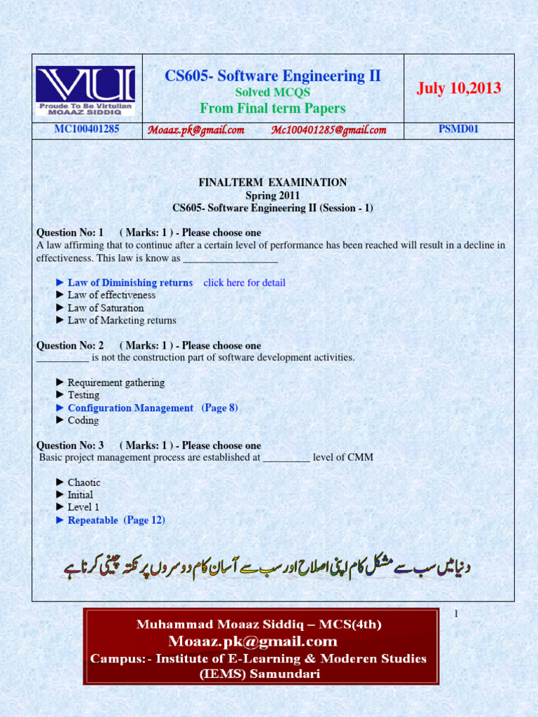 Cs605 Final Mcqs | Download Free PDF | Reliability Engineering | Risk