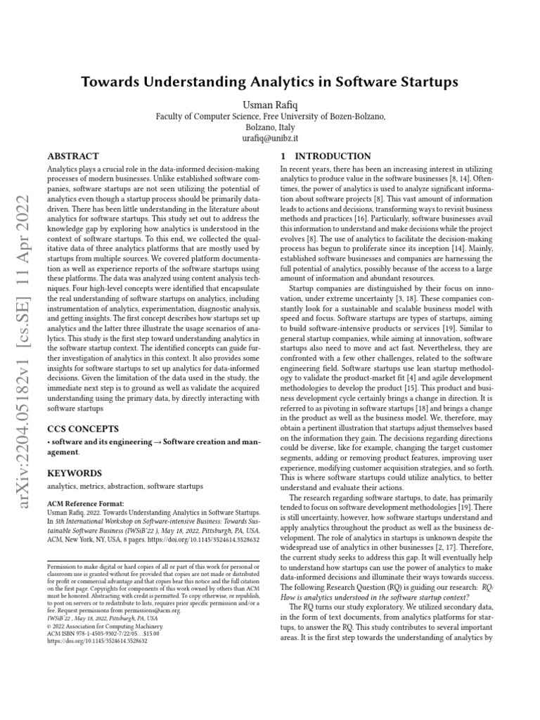 Towards Understanding Analytics in Software Startu | PDF | Analytics | Performance Indicator