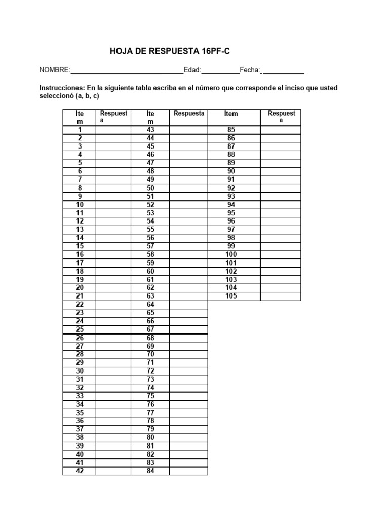Hoja Respuesta 16-pf | PDF