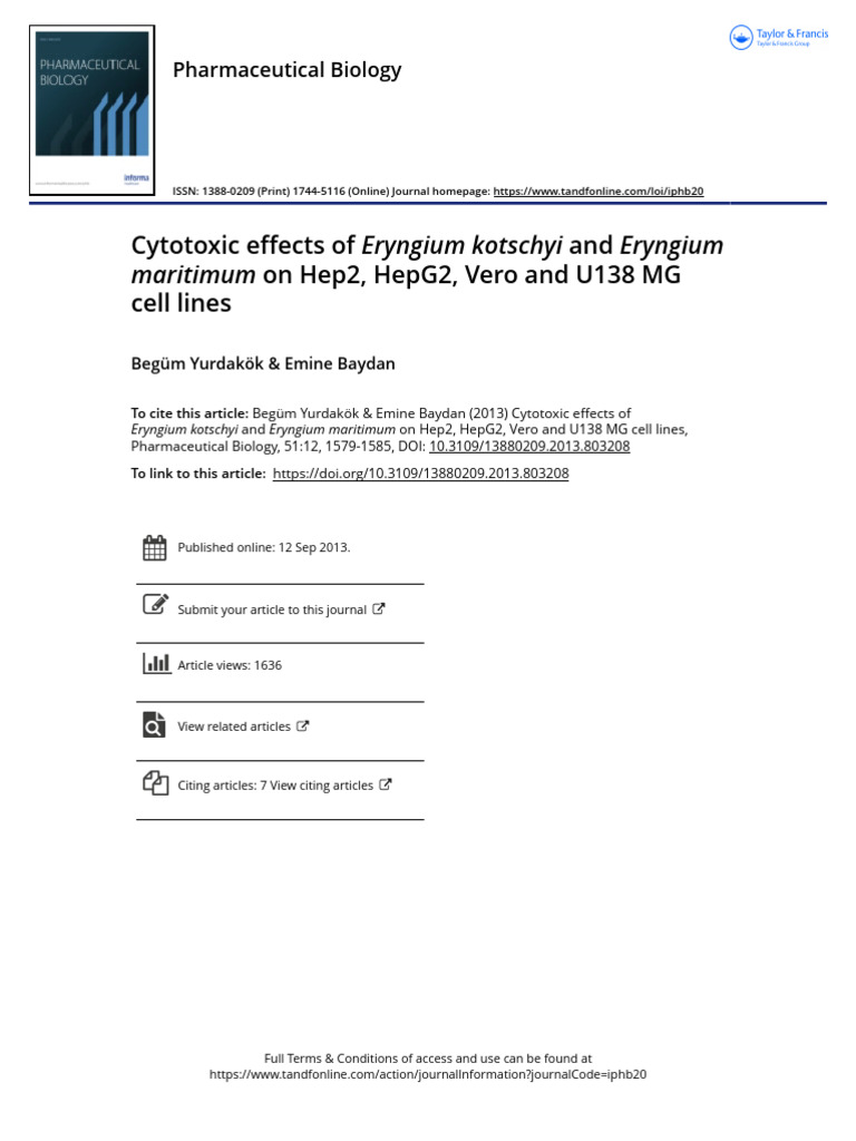 Cytotoxic Effects of Eryngium Kotschyi and Eryngium Maritimum On Hep2 HepG2 Vero and U138 MG ...