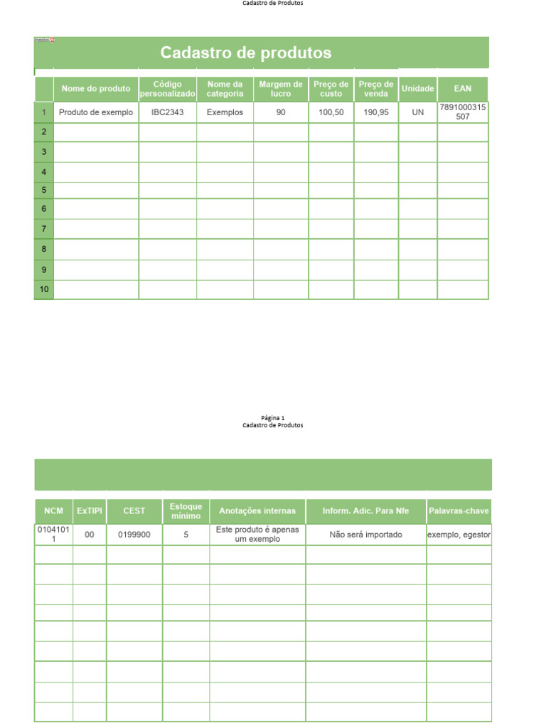 Planilha-de-Cadastro-de-Produtos | PDF