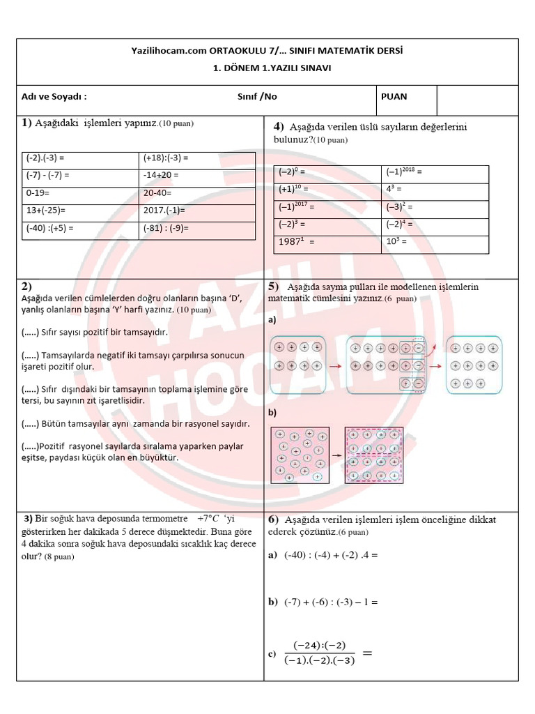 7.sinif Matematä°k 1.dã Nem 1.yazili Sorulari-1 | PDF