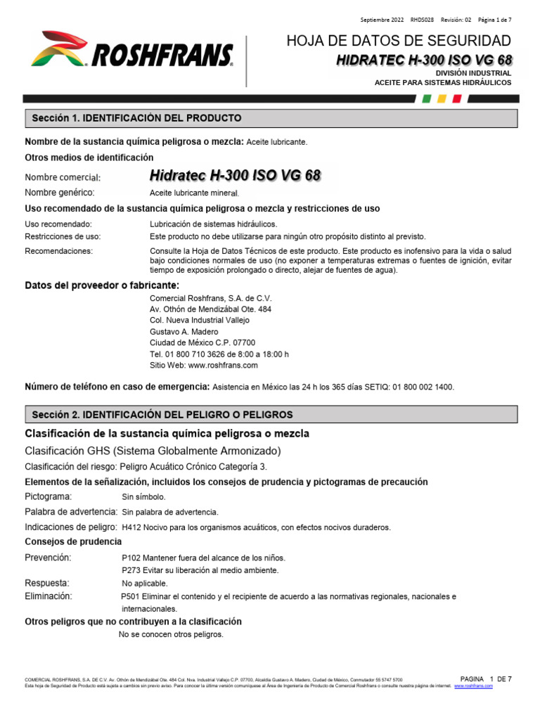 HDS - Roshfrans Hidratec H-300 ISO VG 68 Aceite Lubricante | PDF | Agua ... HDS - Roshfrans Hidratec H-300 ISO VG 68 Aceite Lubricante | PDF | Agua ...