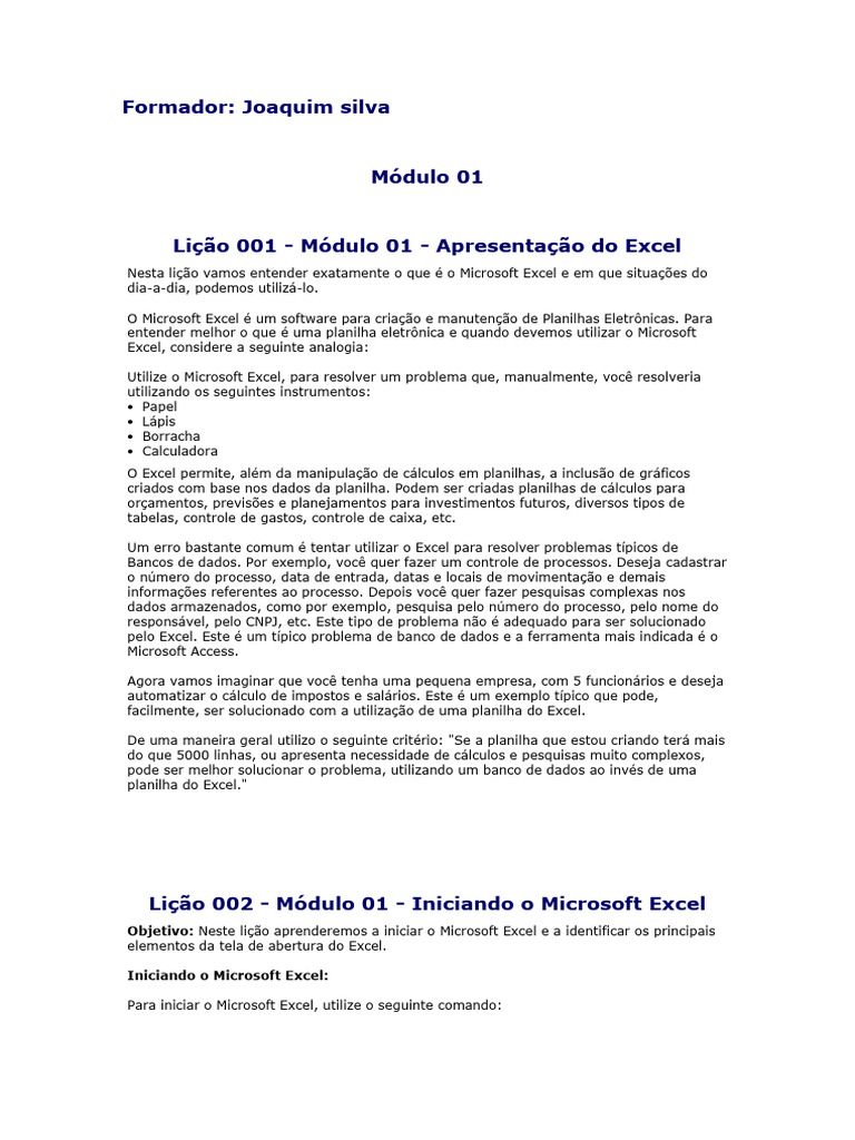 Aula Excel - Módulo 01 | PDF | Microsoft Excel | Janela (informática)