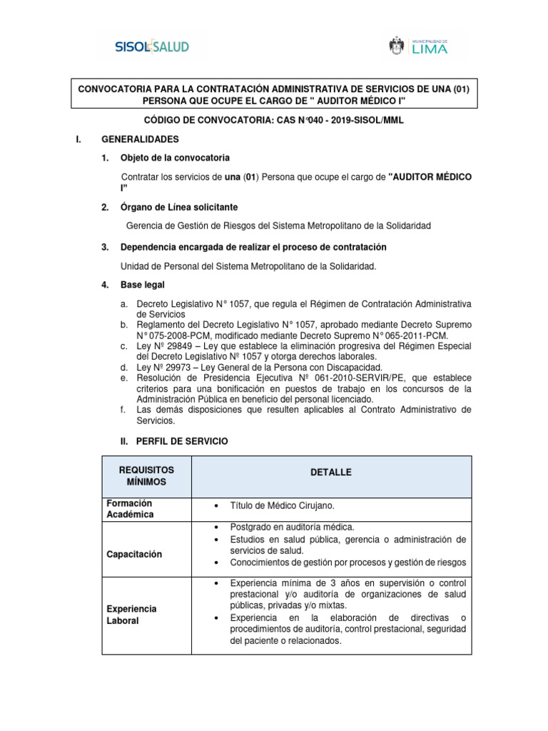 Convocatoria Auditor Médico I - SISOL | PDF | Documento de identidad | Derecho laboral