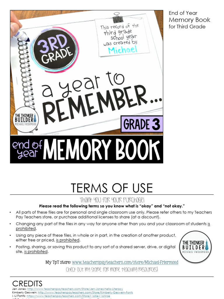 Memory Book: End of Year For Third Grade | PDF | Books | Classroom